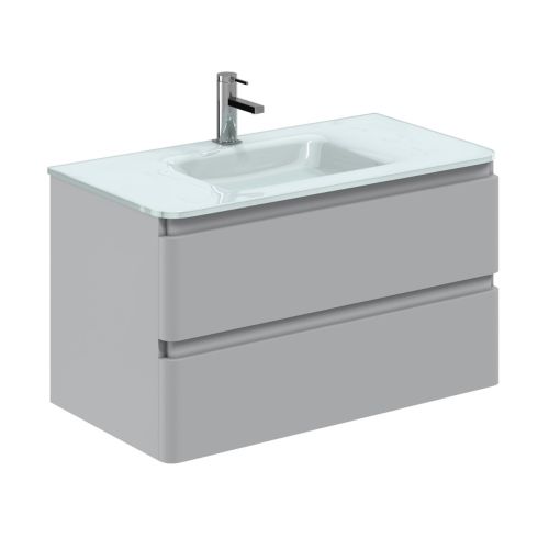 Neon 900mm Wall Hung Vanity Unit with Opal Glass Basin in Light Grey ...