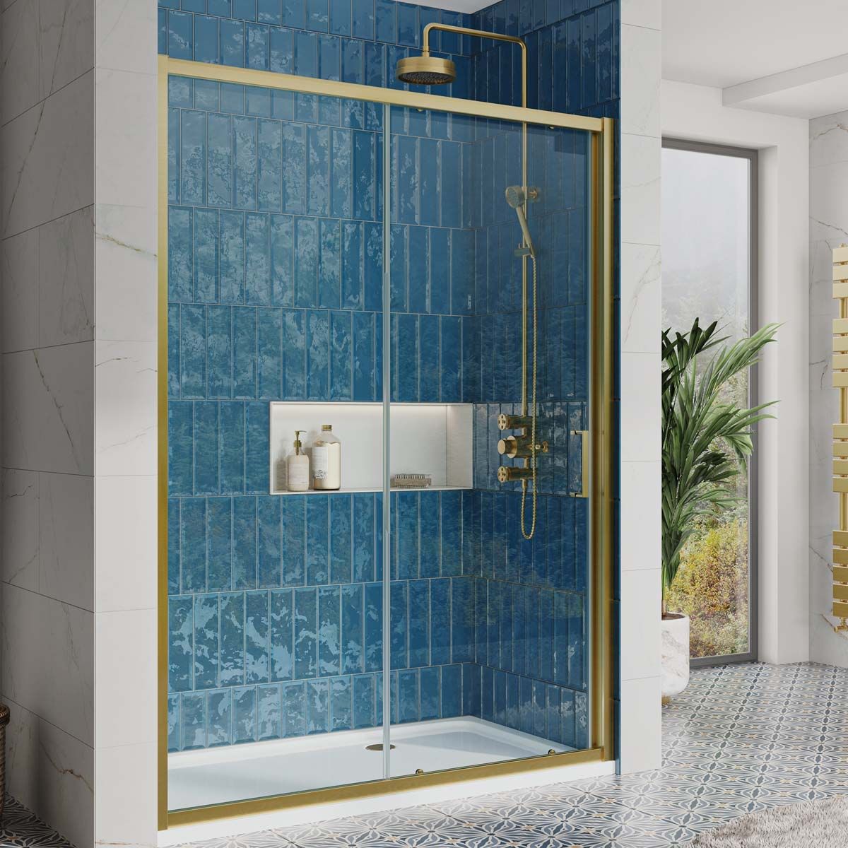 Fabio Brushed Gold Sliding Shower Door - 1400mm | Gold Sliding Shower Doors